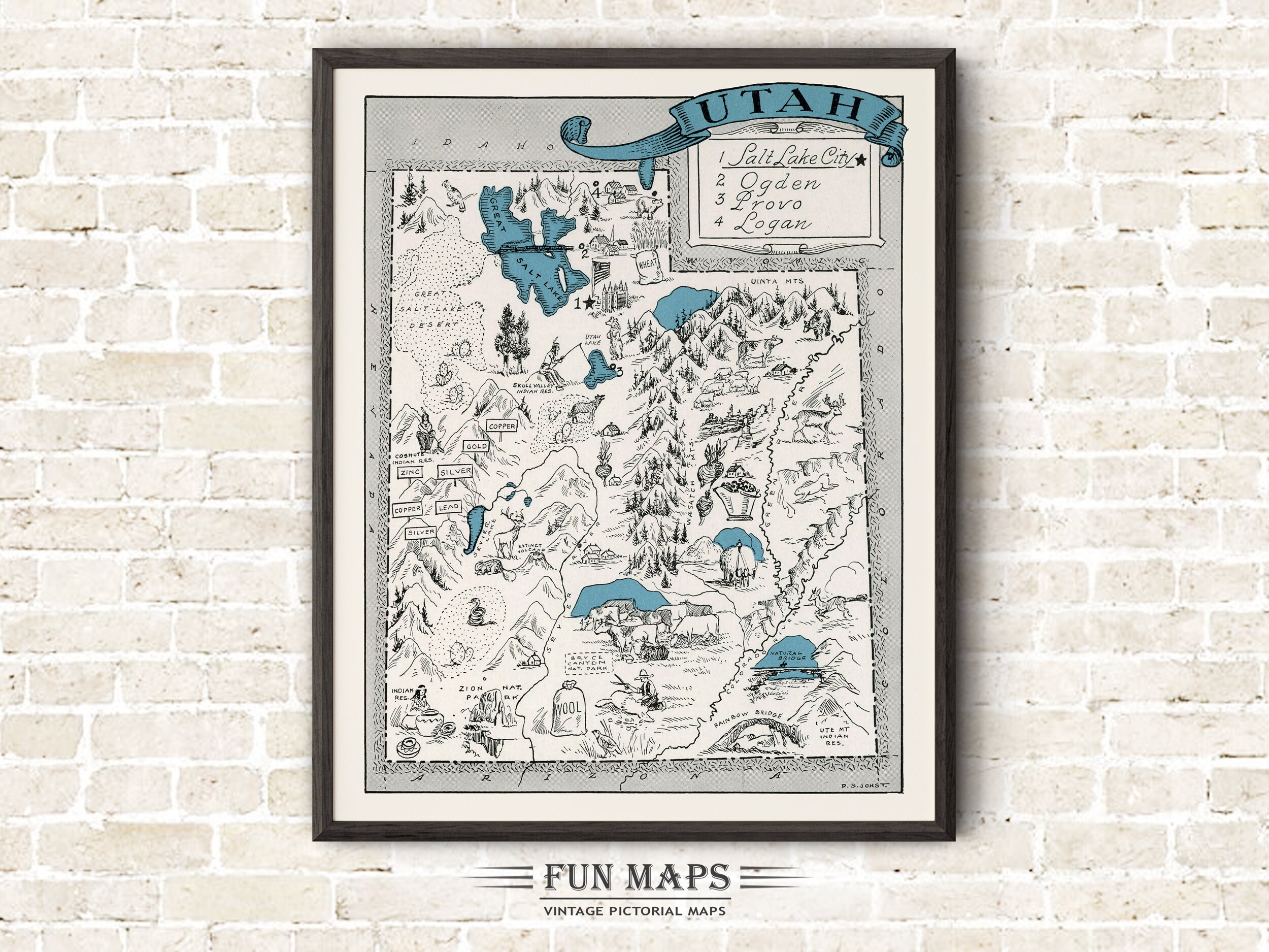 Fun Map of Utah Vintage Pictorial Whimsical Cartoon Print Illustration ...