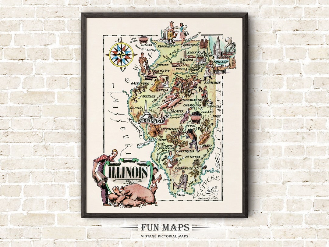 Fun State Map of Illinois – Vintage Pictorial Whimsical Cartoon Print ...