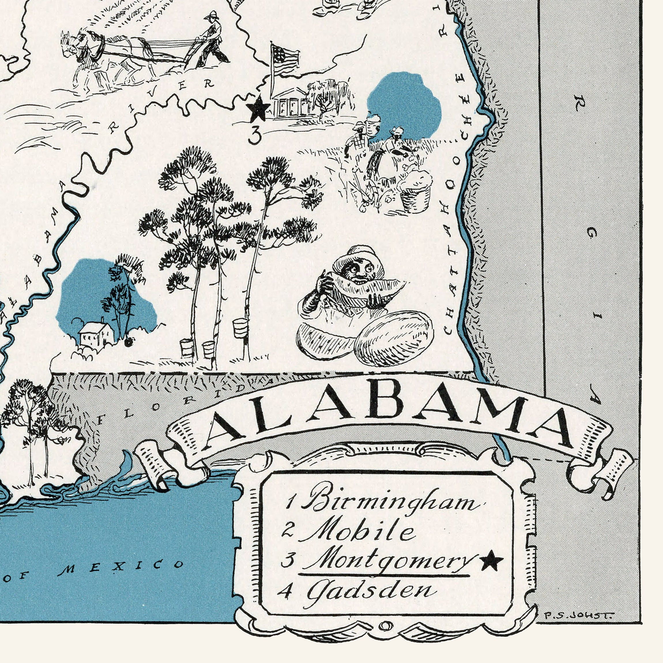 Fun Map of Alabama Vintage Pictorial Whimsical Cartoon Print ...