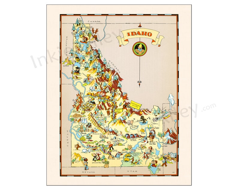 Fun State Map of Idaho Vintage Pictorial Whimsical Cartoon - Etsy