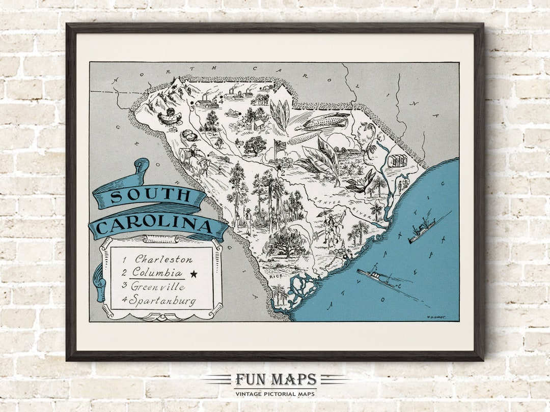 Fun Map of South Carolina – Vintage Pictorial Whimsical Cartoon Print ...