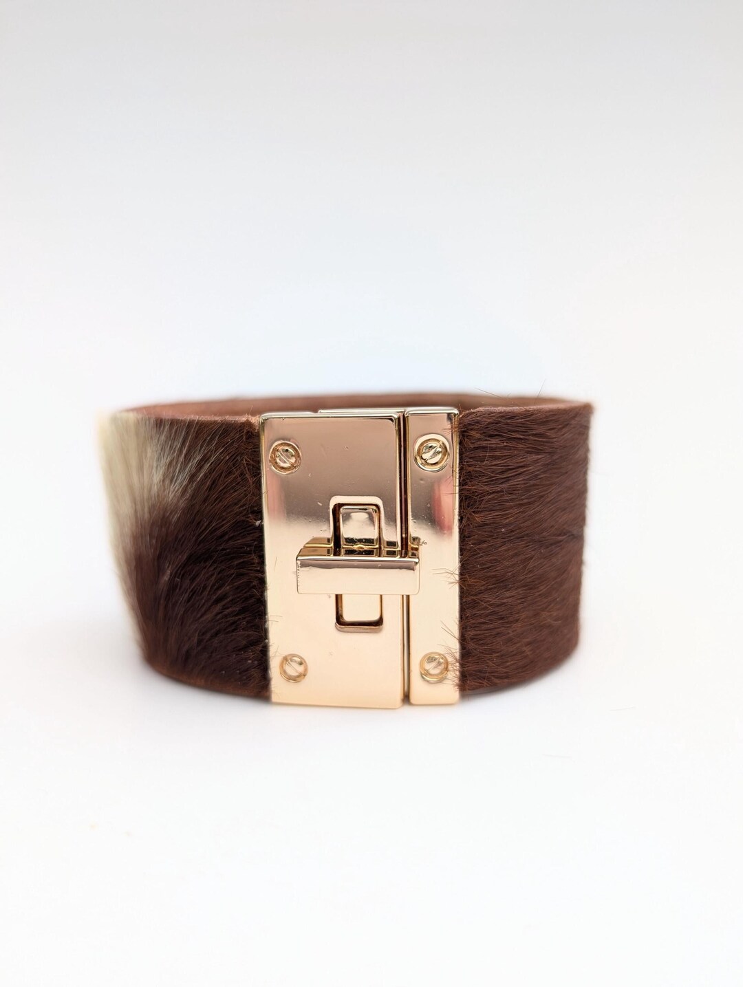Hair on Hide Cuff Bracelet: Ginger Red Cowhide Leather, Gold Twist ...