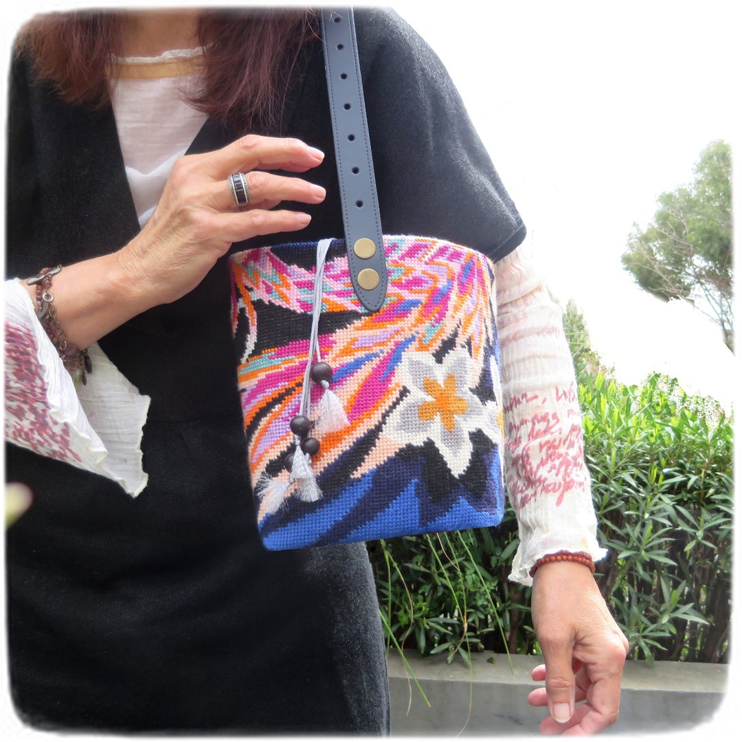 Tapestry Needlepoint Bucket Bag, Colored Feathers, Paradise Bird, Woven ...