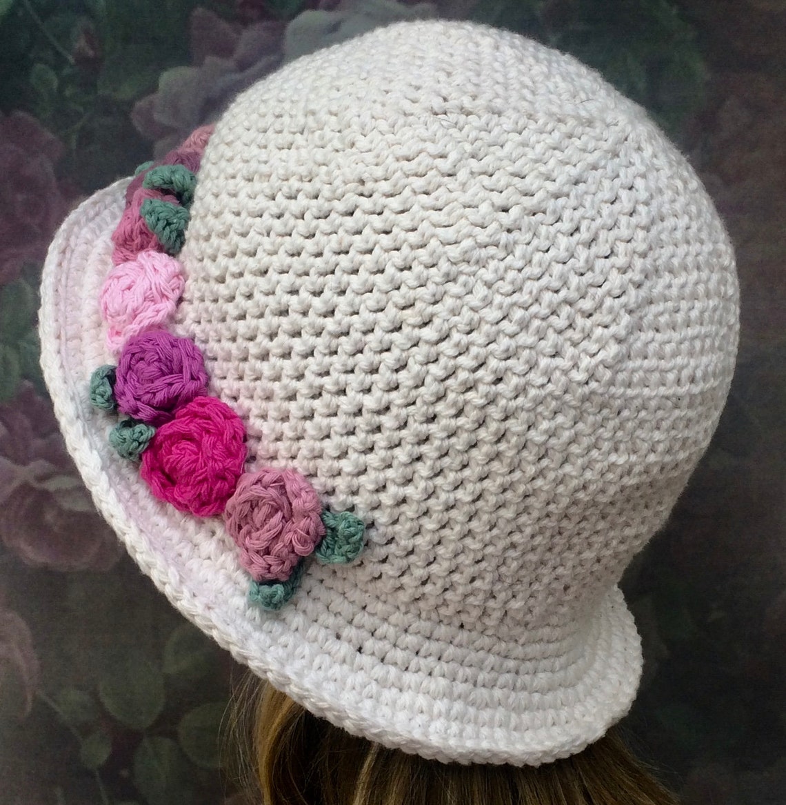 Cotton Sun Hat With Roses Ecru Beige Pink Fuchsia Rose - Etsy