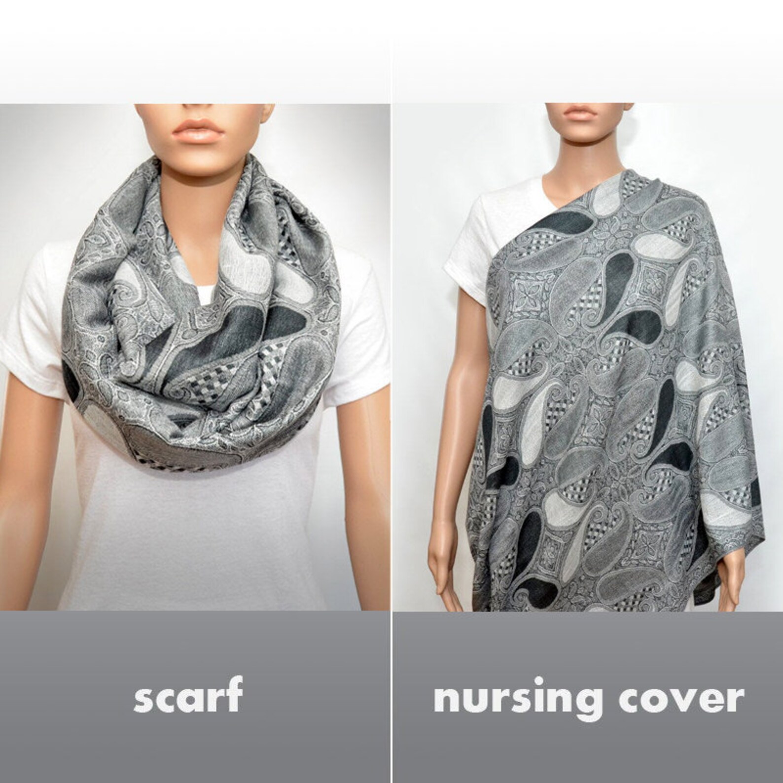 Gray Infinity Scarf/nursing Cover, Gray With Black Paisley Infinity ...