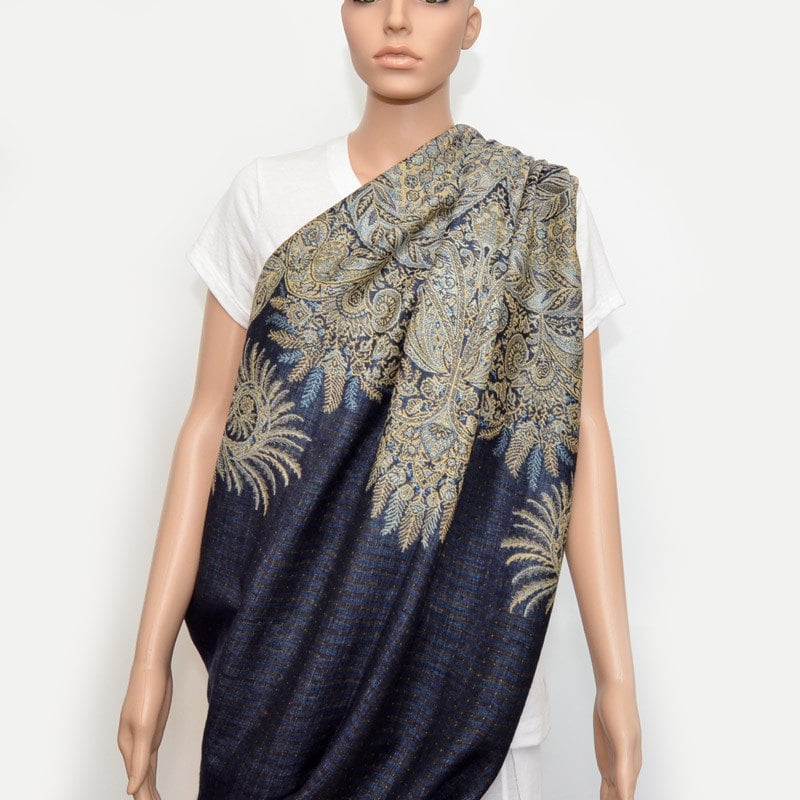 Navy Blue Infinity Scarf With Floral Golden Beige Pattern - Etsy