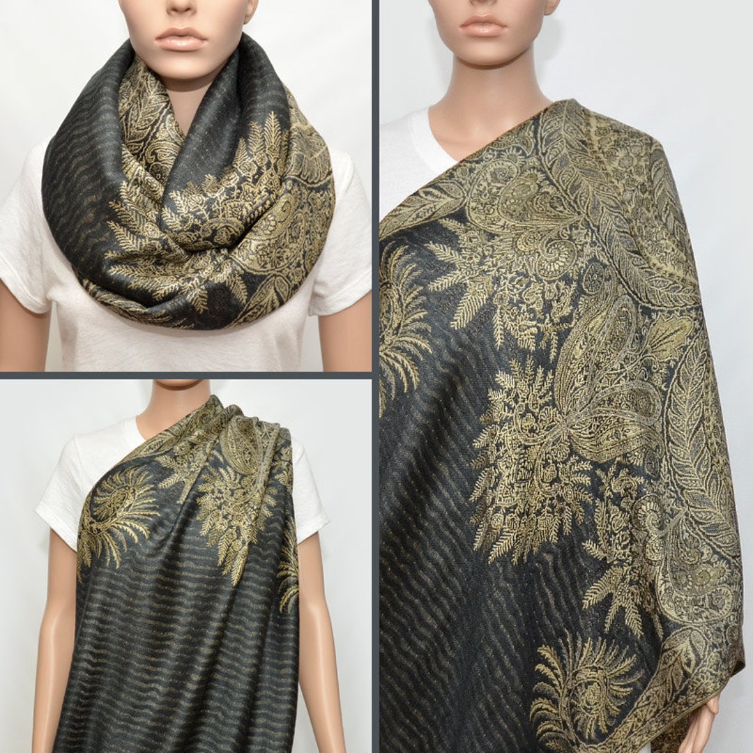 Dark Gray Infinity Scarf With Floral Golden Beige Pattern / Nursing ...
