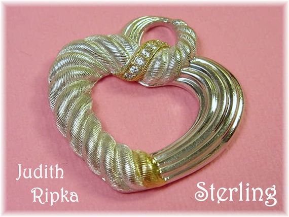 Judith Ripka 14K Gold Open Heart Diamond CZ Sterling Silver Pendant for Leather Necklace Judith Ripka Pendant Enhancer FREE SHIPPING Etsy