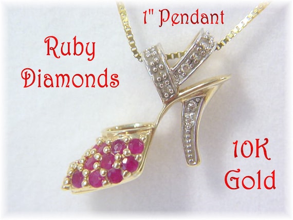 10K Gold High Heel Shoe Ruby Diamond Pendant, 10K Gol… - Gem