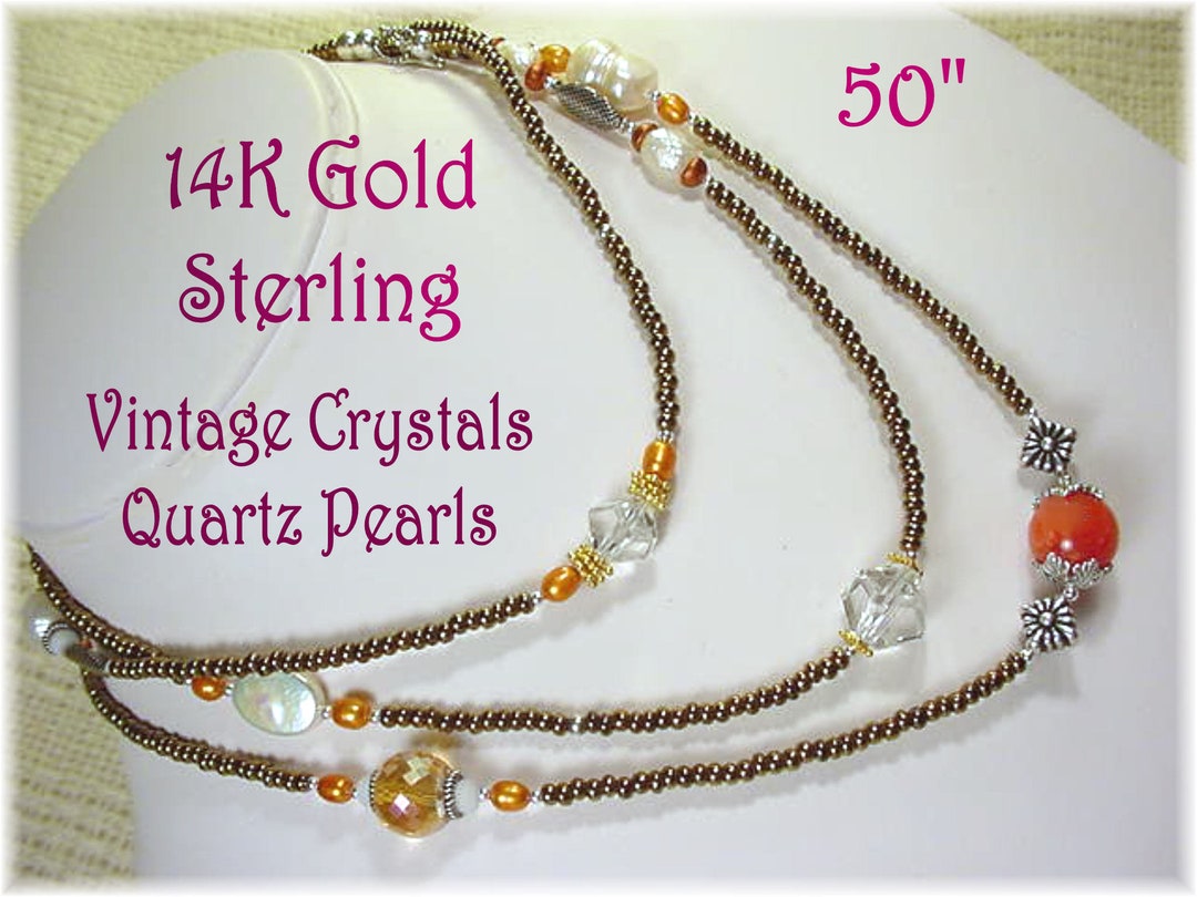 14K Gold Crystal Bead Necklace, Artisan Jewelry, Sterling Silver, One ...