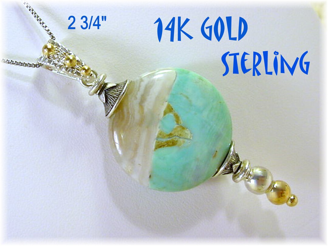 14K Gold Blue Fire Agate Sterling Silver Pendant Necklace, Artisan One ...