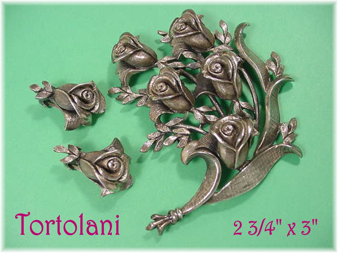 Tortolani Rose Flower Bouquet 3 Brooch Earrings Set, SIGNED, Tortolani ...