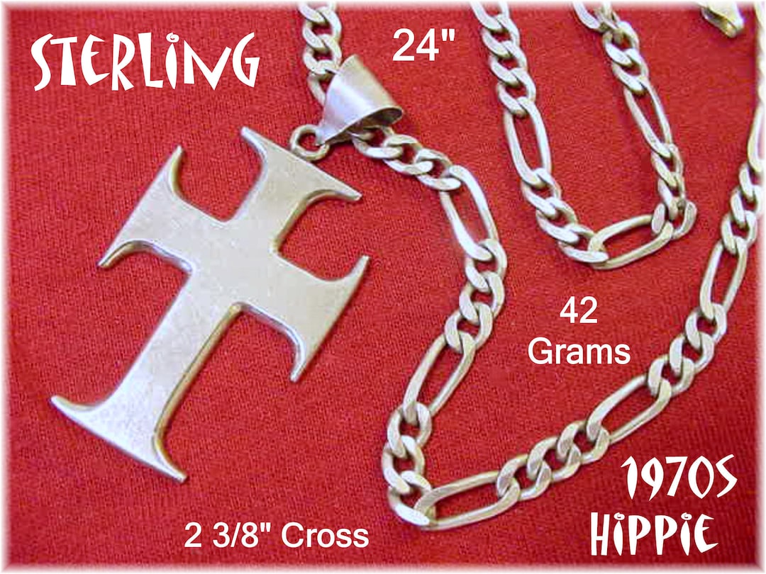 Hippie Cross Pendant, 1970s Sterling Silver Necklace, Heavy 42 Grams ...