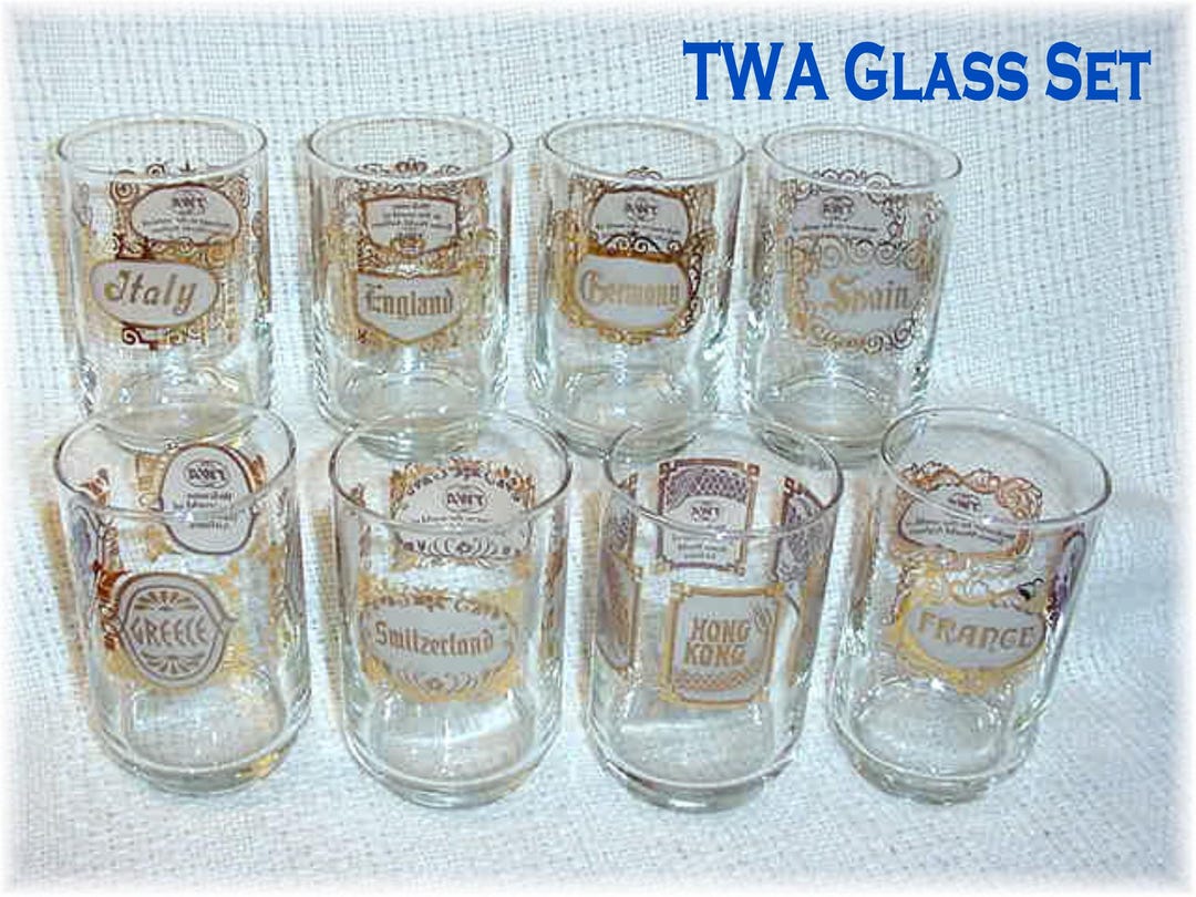 TWA Trans World Airlines Destinations Glass Set, Set of 8 - 4 1/2 ...