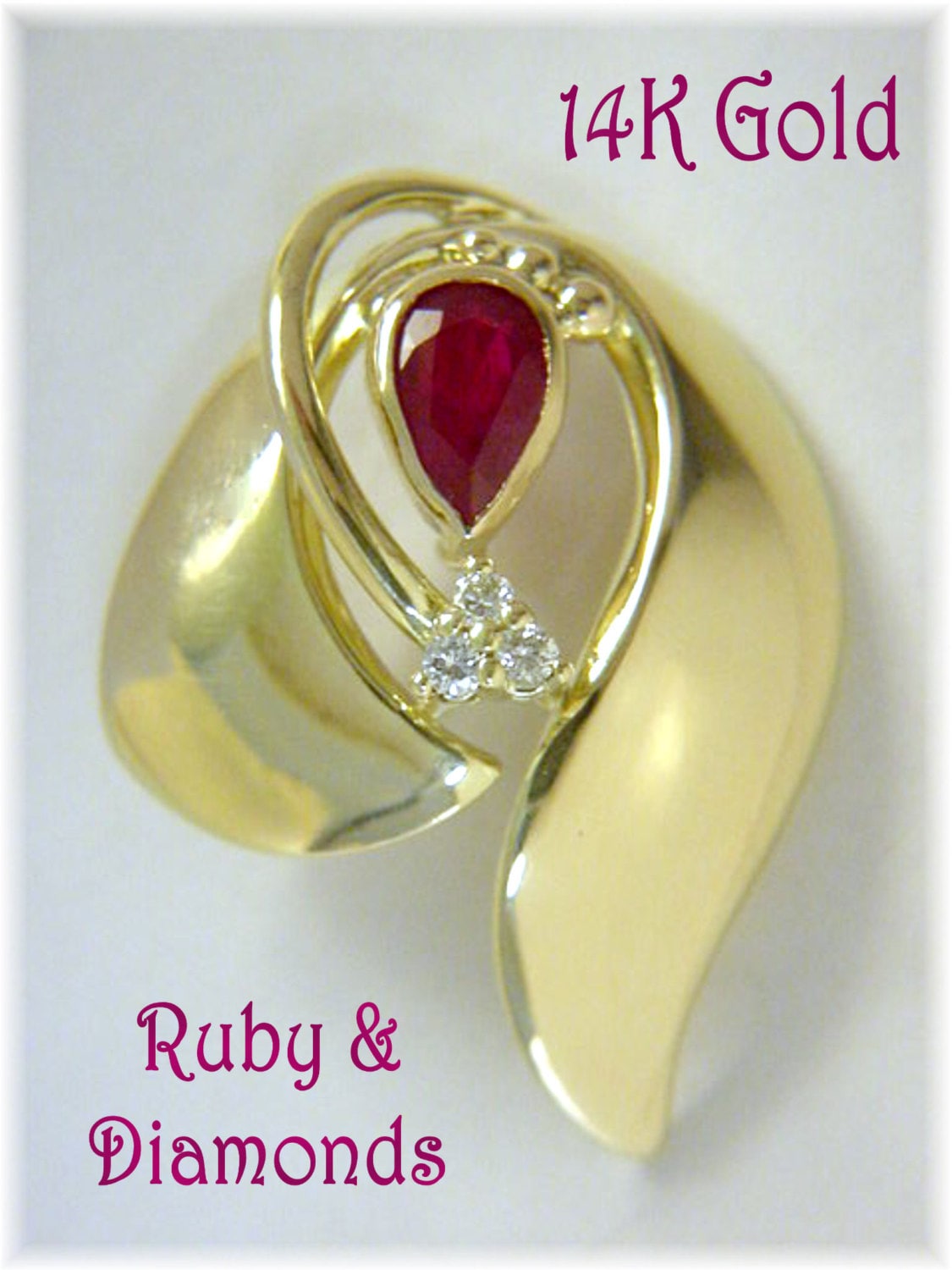 14K Gold 2 Ct Ruby Tear Drop Diamond Ribbon Pendant Gift Box - Etsy