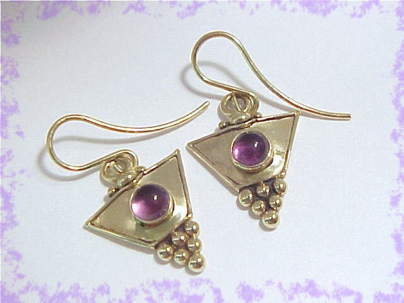 14K Gold Pyramid Amethyst Earrings, Modernist, Modern… - Gem