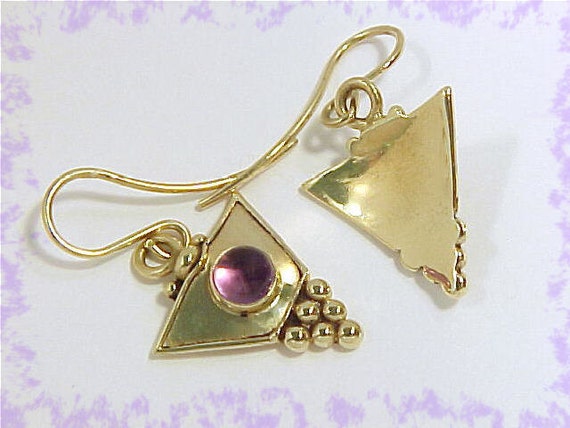 14K Gold Pyramid Amethyst Earrings, Modernist, Modern… - Gem