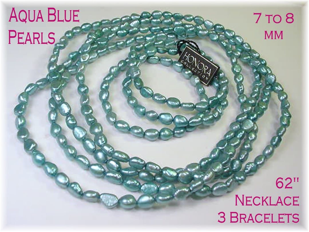 Pearl Necklace, Honora Aqua Blue Pearl 62" Strand Necklace & 3 Pearl ...
