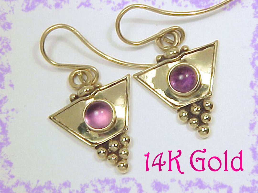 14K Gold Pyramid Amethyst Earrings, Modernist, Modern Art, Egypt ...