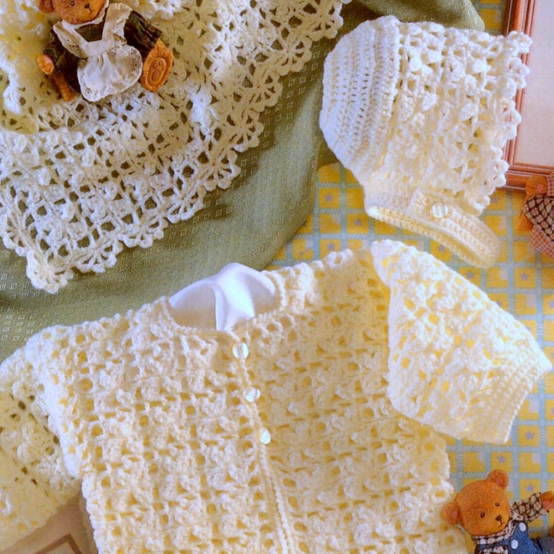 Vintage Crochet Pattern Matinee Set Baby Jacket Shawl Bonnet - Etsy UK