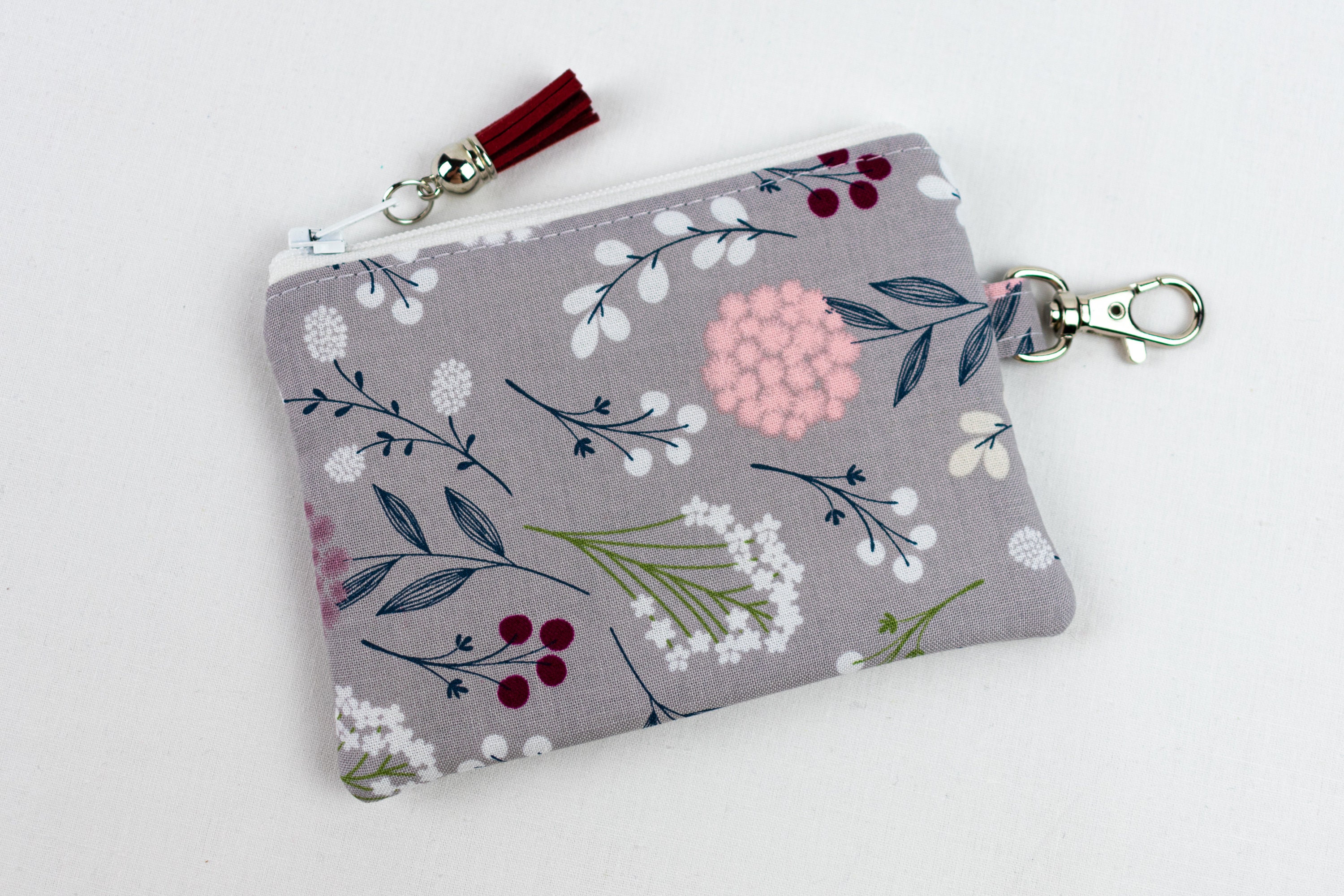 Gray Floral ID Wallet Small Wallet Keychain Coin Purse | Etsy