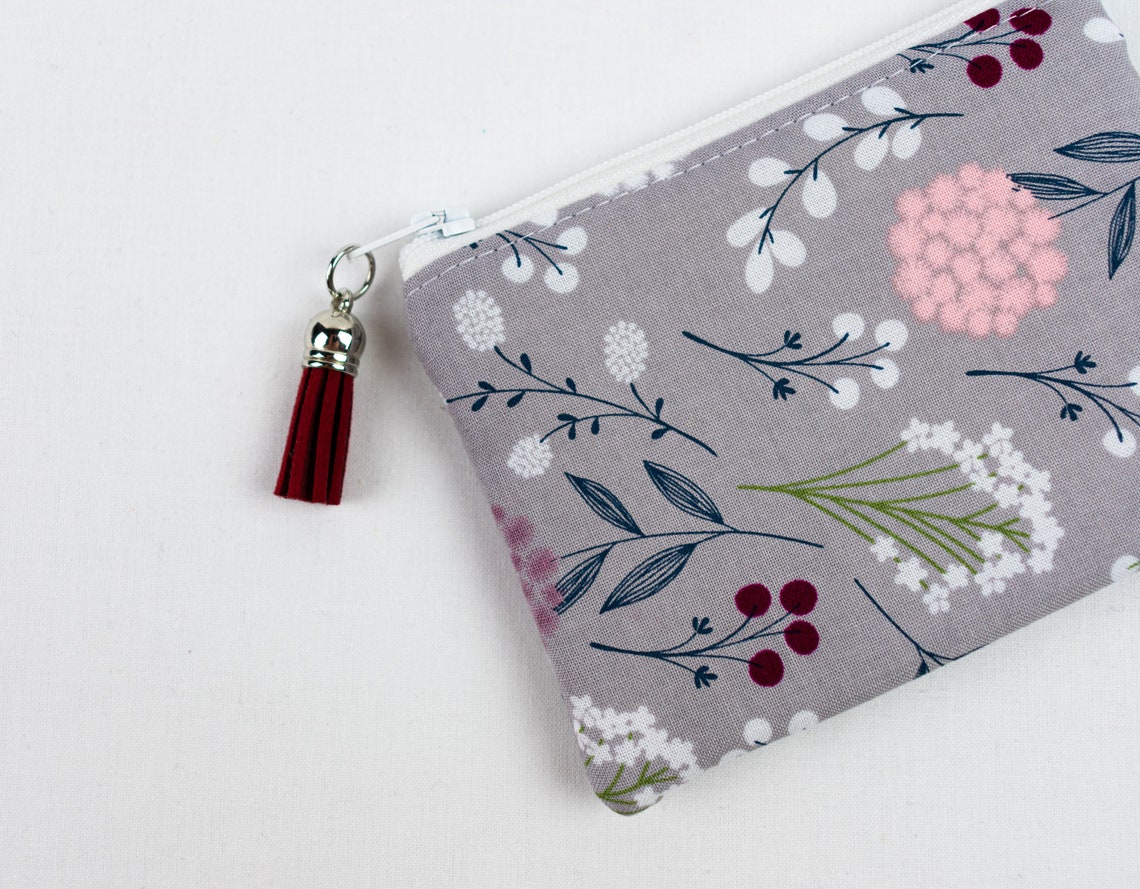 Gray Floral ID Wallet Small Wallet Keychain Coin Purse | Etsy