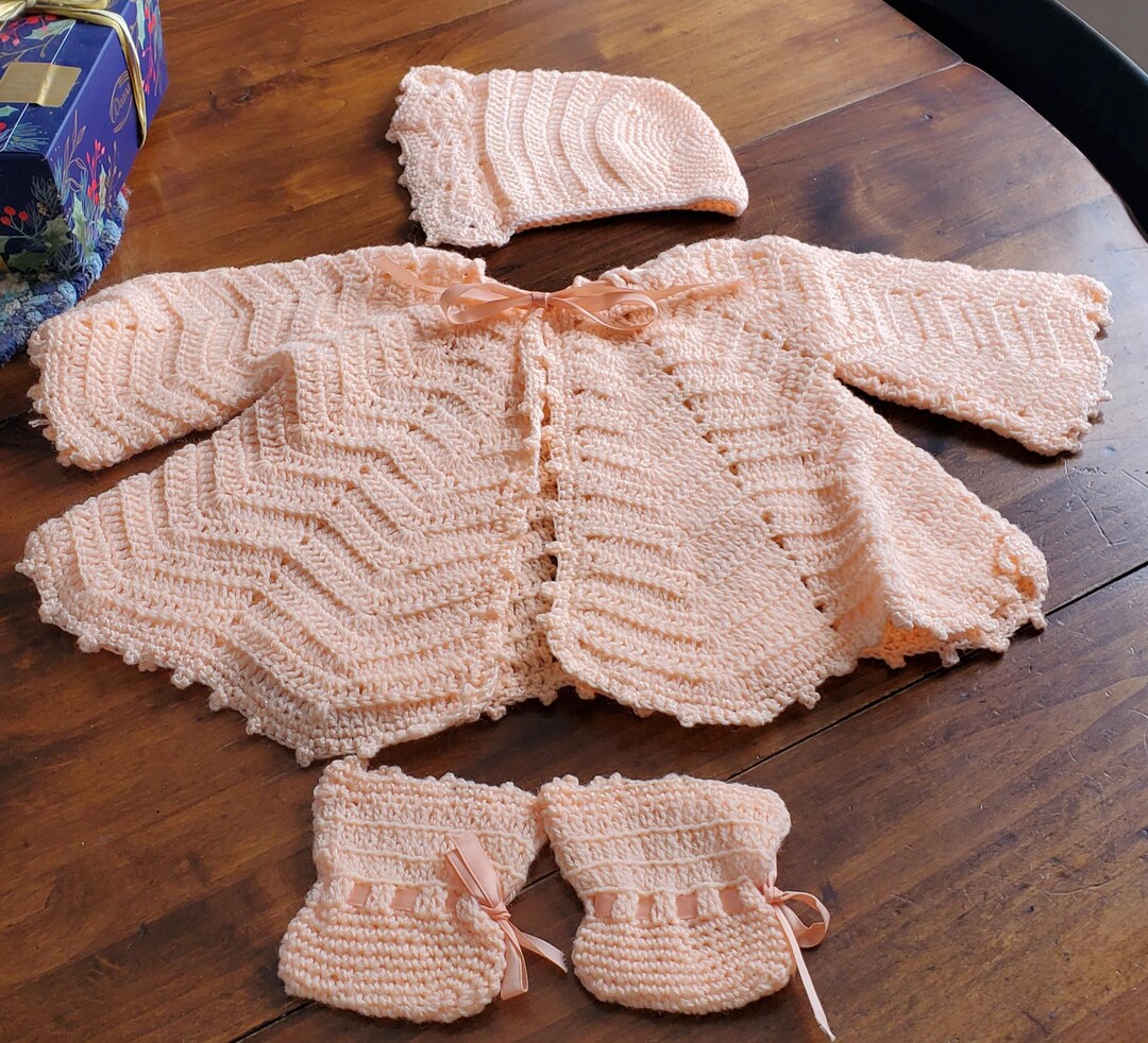 Vintage Baby Matinee Set Peach Crochet Sweater Ensemble - Etsy