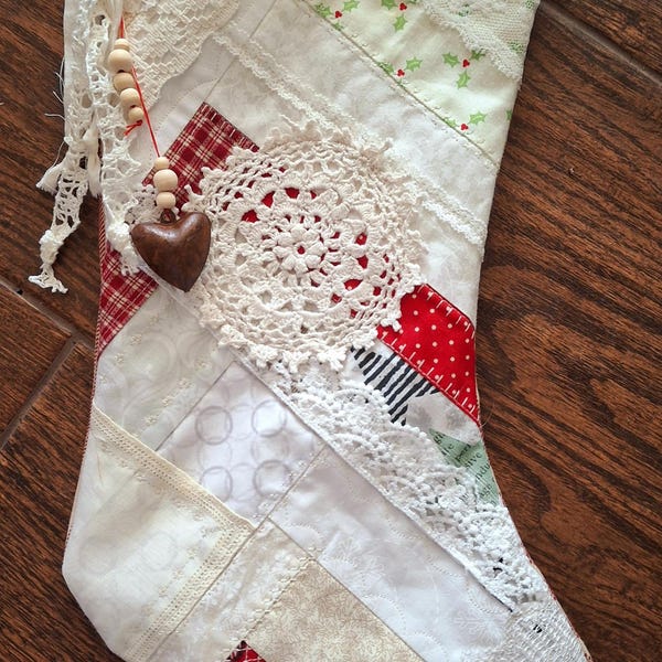 Farm House Scrappy Style Stocking With Upcycled Handkerchief Pieces and ...