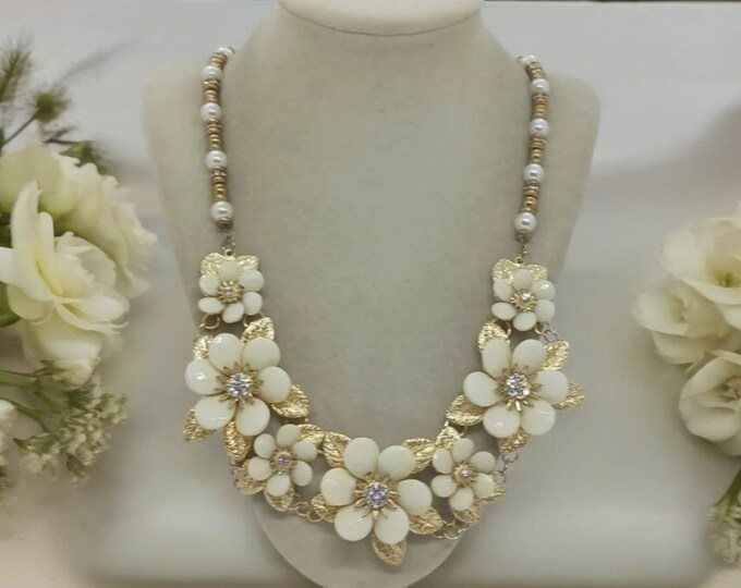 Cream Flower Necklace - Jeweled Flower Necklace - Pearl Necklace - One ...