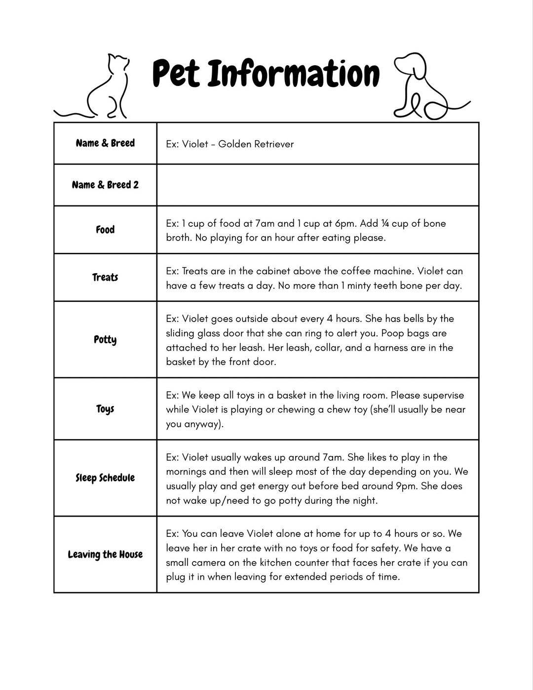 Pet Information Sheet for Sitter - Editable Template - Etsy