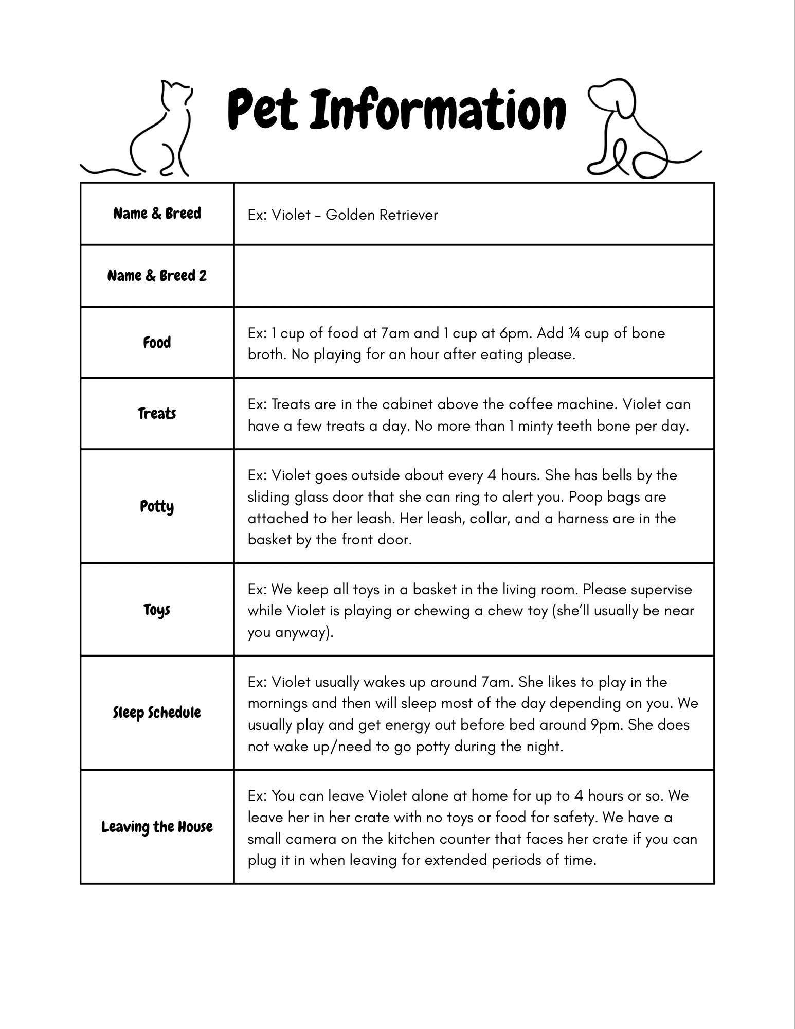 Pet Information Sheet for Sitter - Editable Template - Etsy
