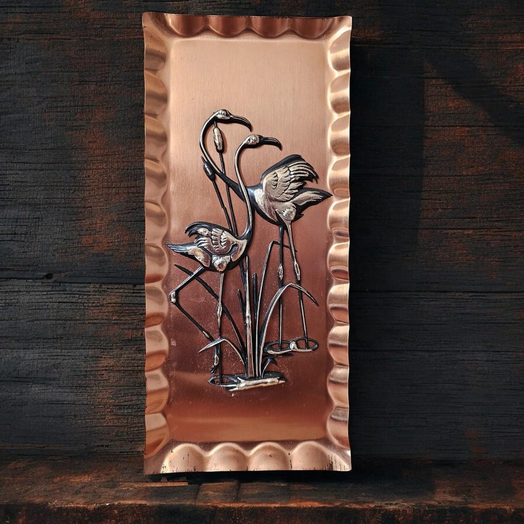 Vintage 2D Copper Art Wall Hanging Flamingos Bird Kitsch West Germany ...