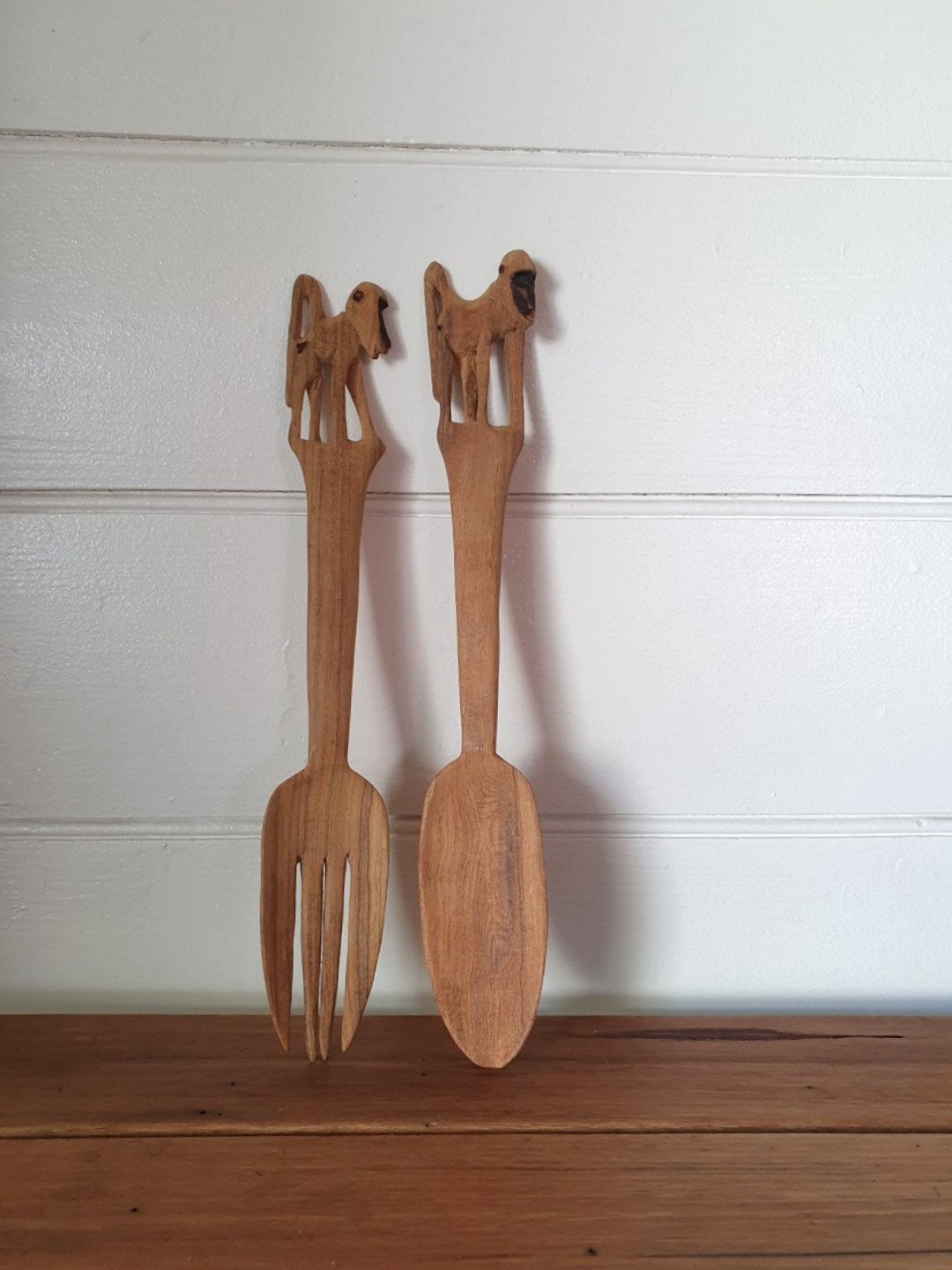 Vintage Tiki Monkey / Baboon Wooden Spoon Handcarved Salad Servers WT1A ...