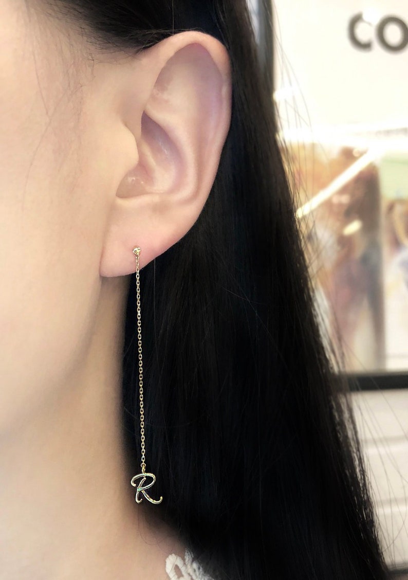 Letter Threader Earring 14k Solid Gold Earring Long Chain | Etsy
