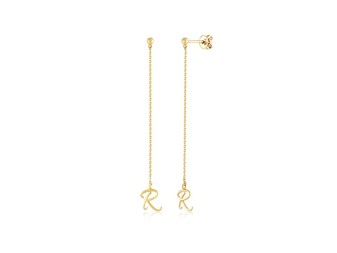 Letter Threader Earring, 14k Solid Gold Earring, Long Chain Letter Earring, Gold Cahin Initial ...