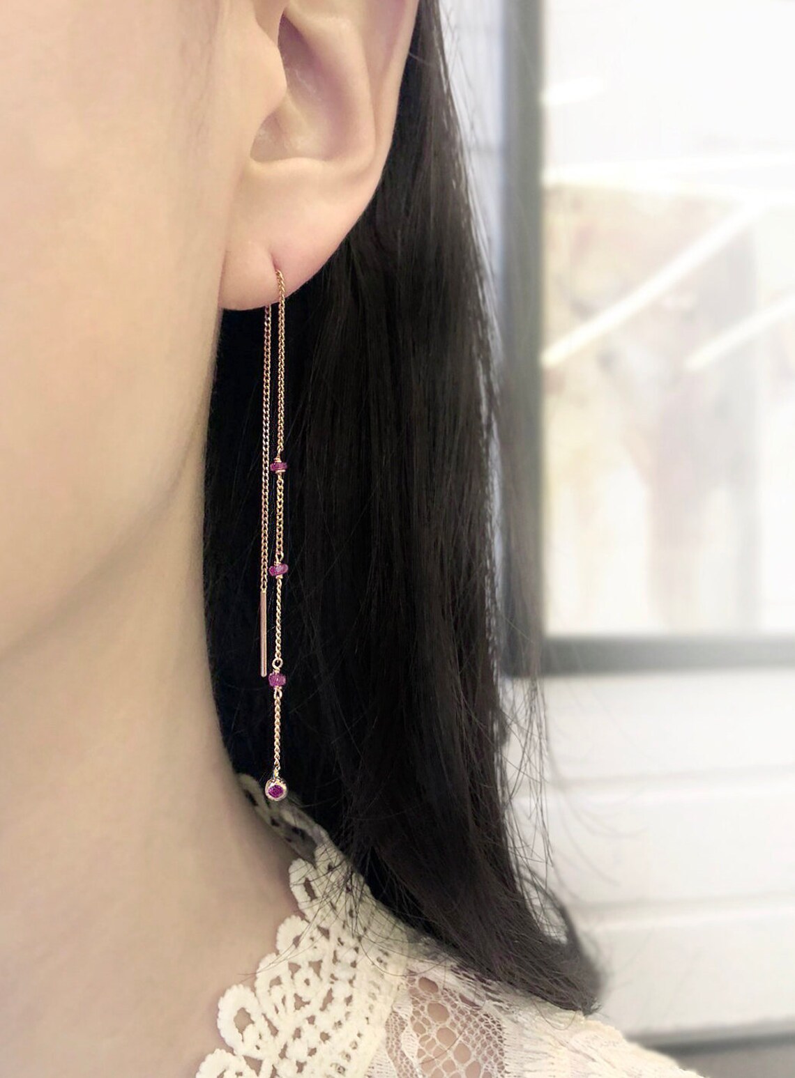 Ruby Threader Earrings / 14K Solid Gold / Natural Ruby Earrings ...