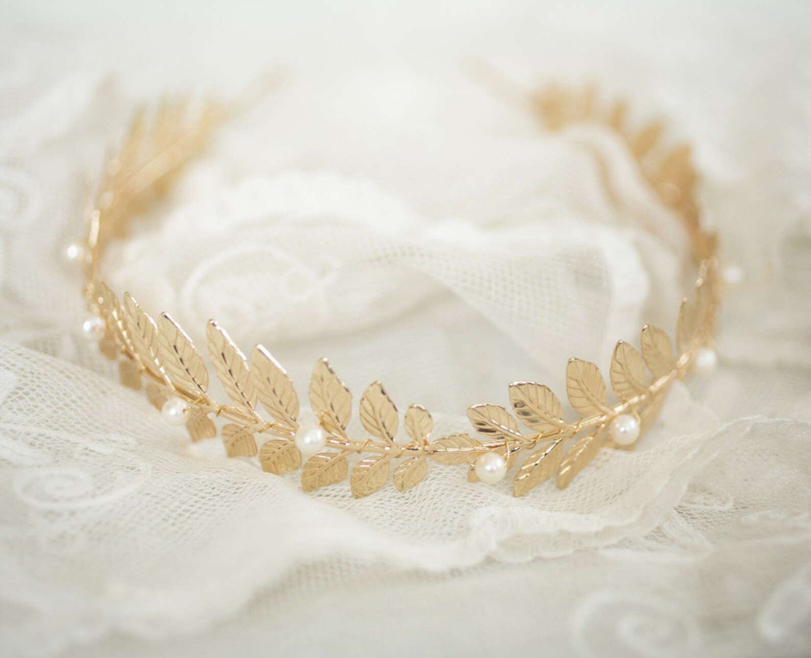 Gold Laurel Leaf Tiara Pearl Crown Bridal Headpiece Grecian - Etsy