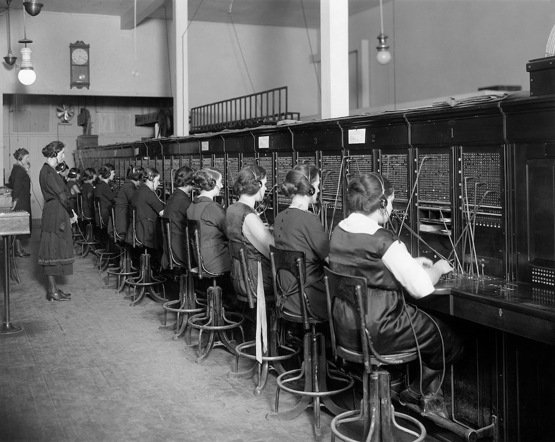 Female Telephone Switchboard Operators Busy at Work, 1910s (black and ...