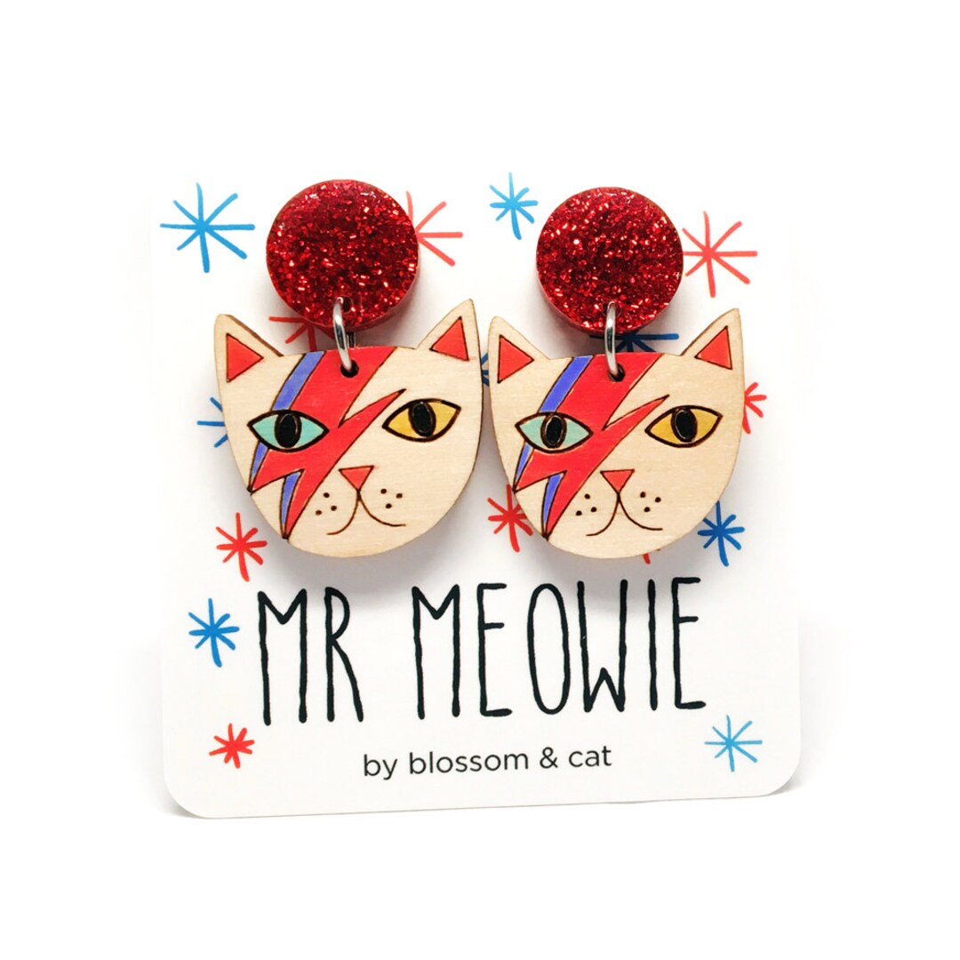 Mr Meowie Glitter Earring Cat Earringss Ziggy Stardust Earrings Painted ...
