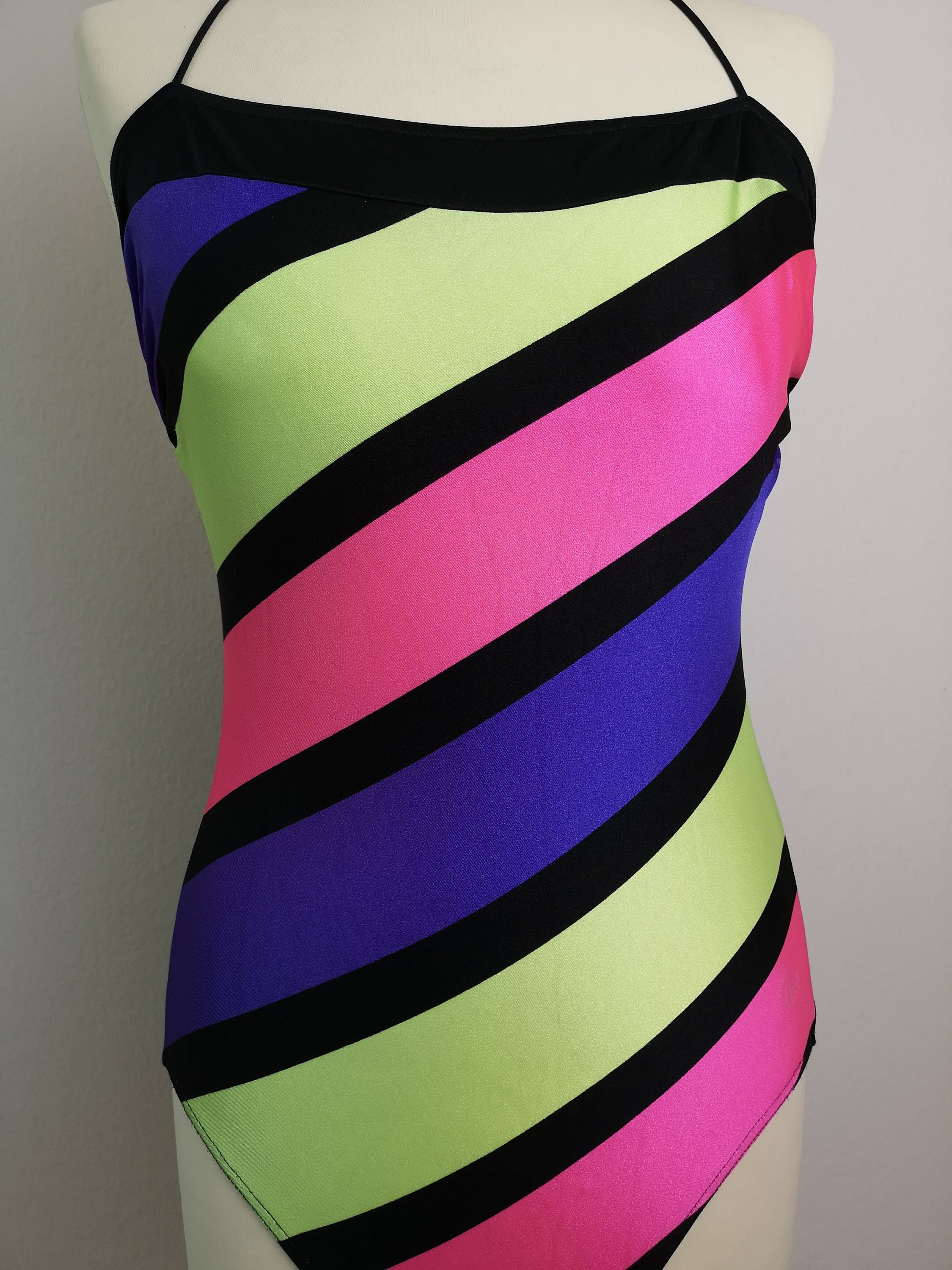 Vintage Neon striped Bathing Suit 80s off the shoulder one | Etsy