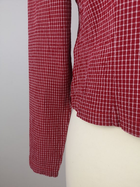90's checkered rockabilly red crop top long sleeve bu… - Gem