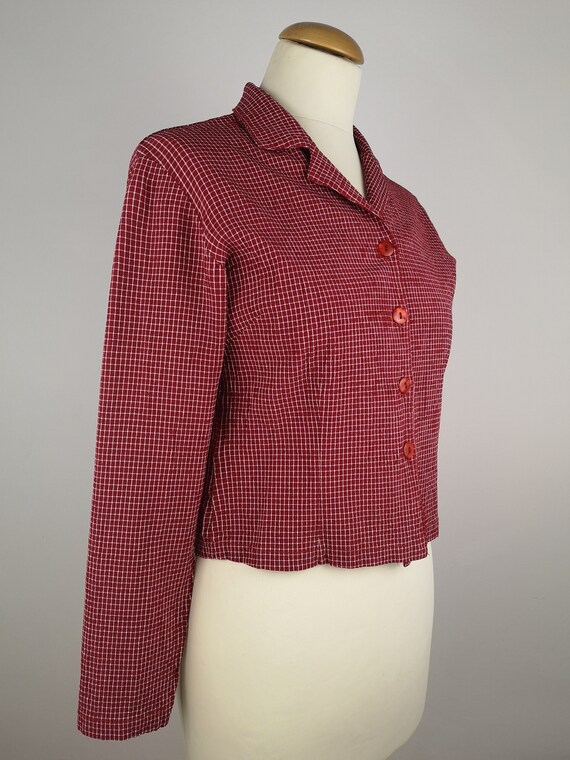 90's checkered rockabilly red crop top long sleeve bu… - Gem