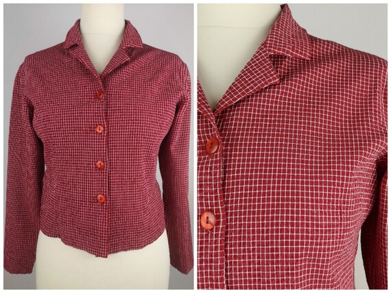 90's checkered rockabilly red crop top long sleeve bu… - Gem
