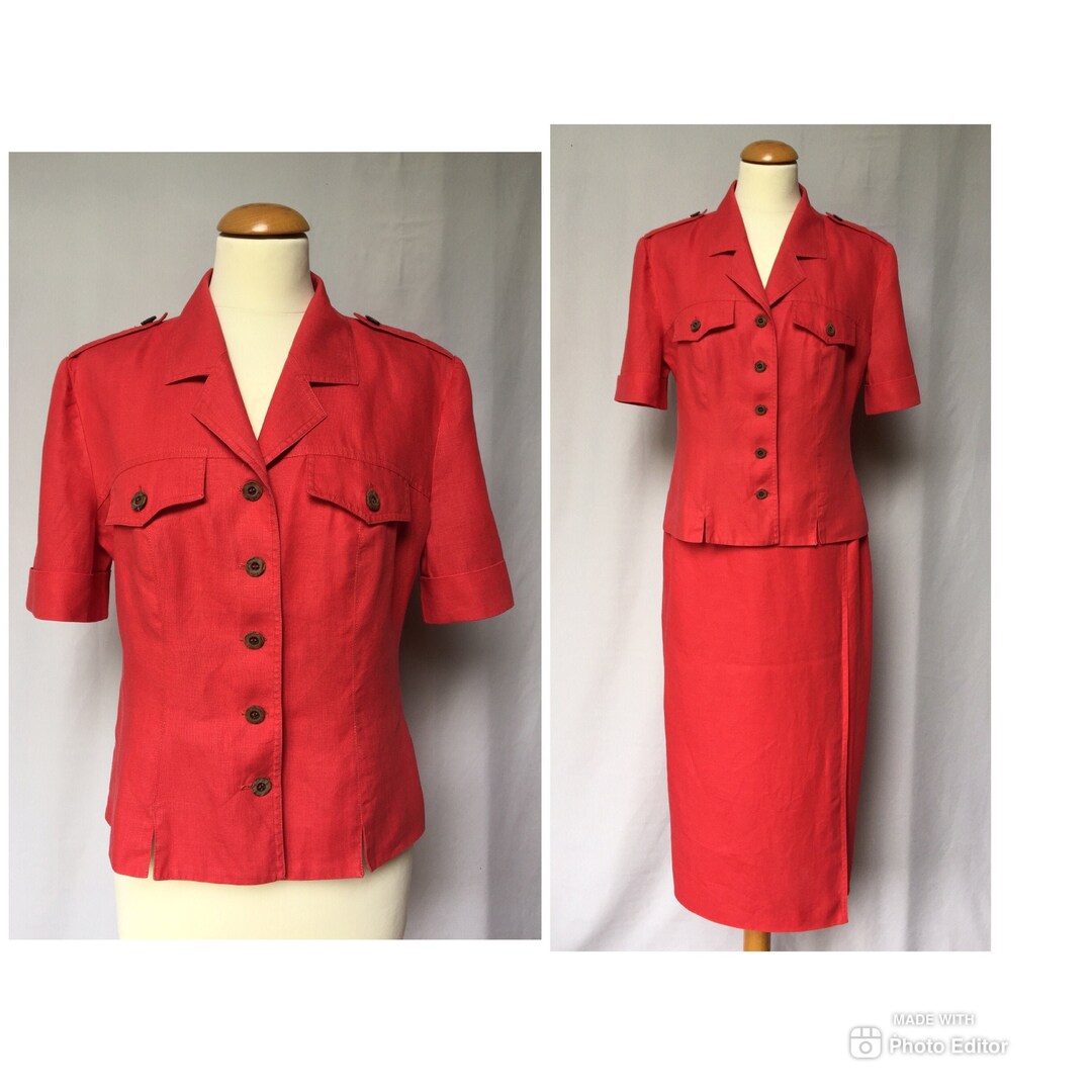 90s Safari Elegant Red Linen Summer Suit Twin Set, Short Sleeves Jacket ...