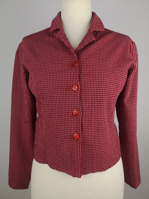 90's checkered rockabilly red crop top long sleeve bu… - Gem