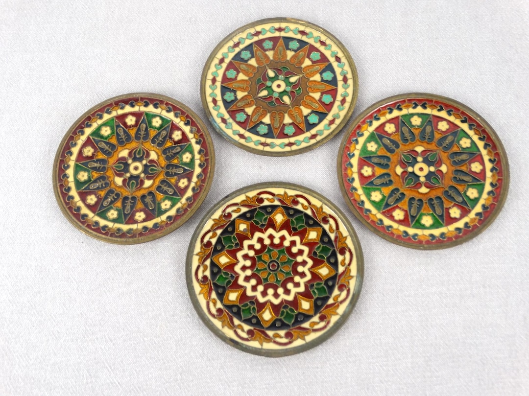 Vintage Brass Coasters Set, Enamel Brass Plates, Hanging Brass Plates ...