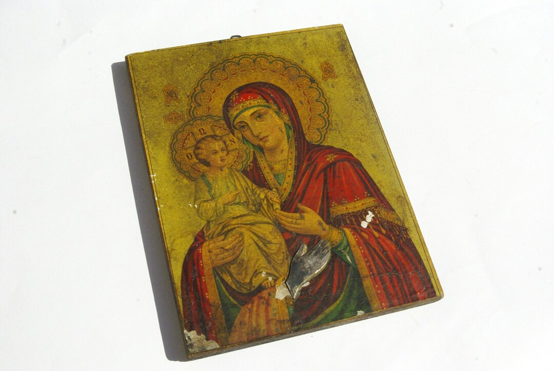 Rare Silver Plated Orthodox Icon, Virgin Mary, Bogorodica Trojerucica ...