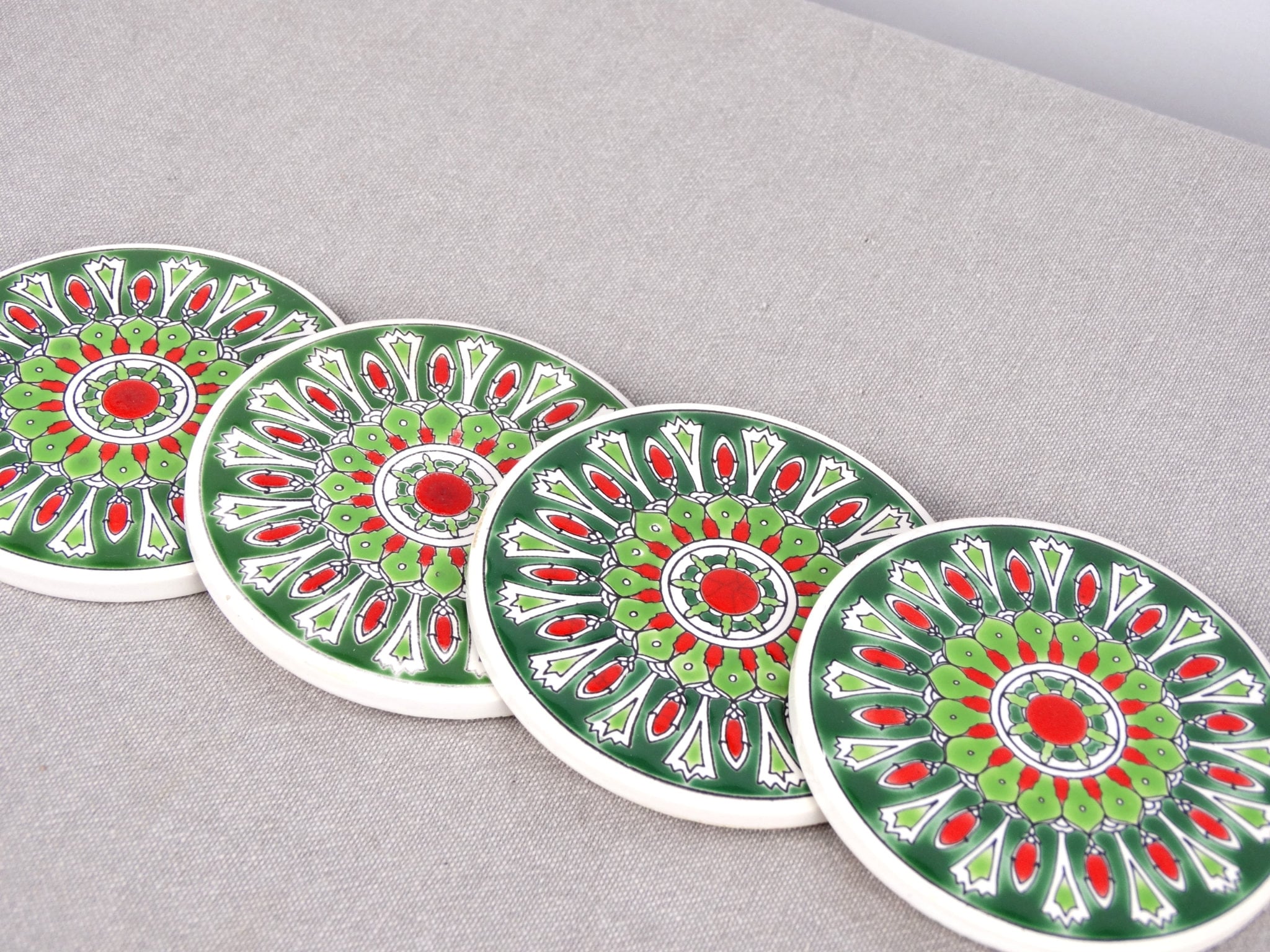 Drink Tile Coaster, Ceramic Coaster Set, Green Ceramic Coaster, Mandala ...