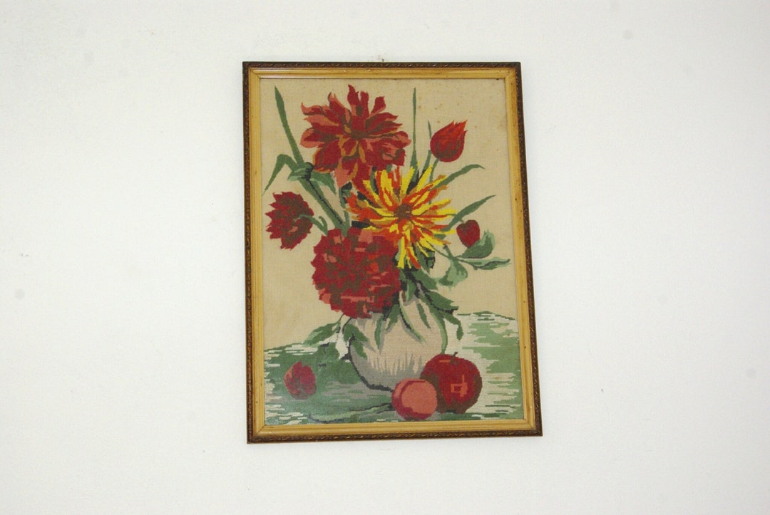 Large Framed Embroidery Canvas, Embroidered Wall Tapestry, Cross Stitch ...