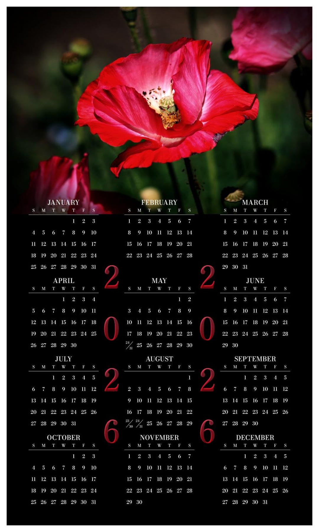 Red Poppies • 2026 Year at a Glance Wall Calendar • Yearly Calendar ...